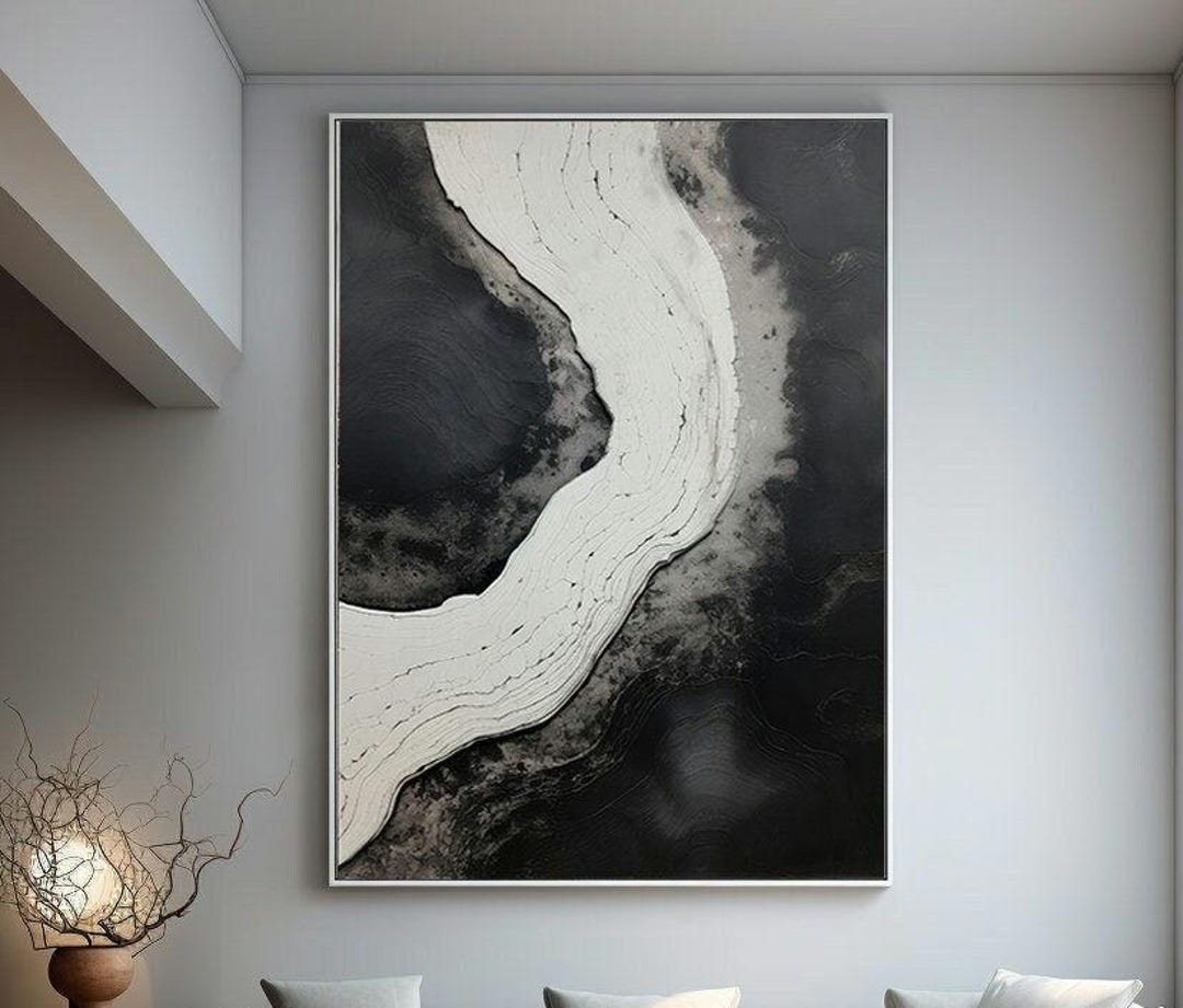 Large Black and White Abstract Art Black River Painting Abstract ...
