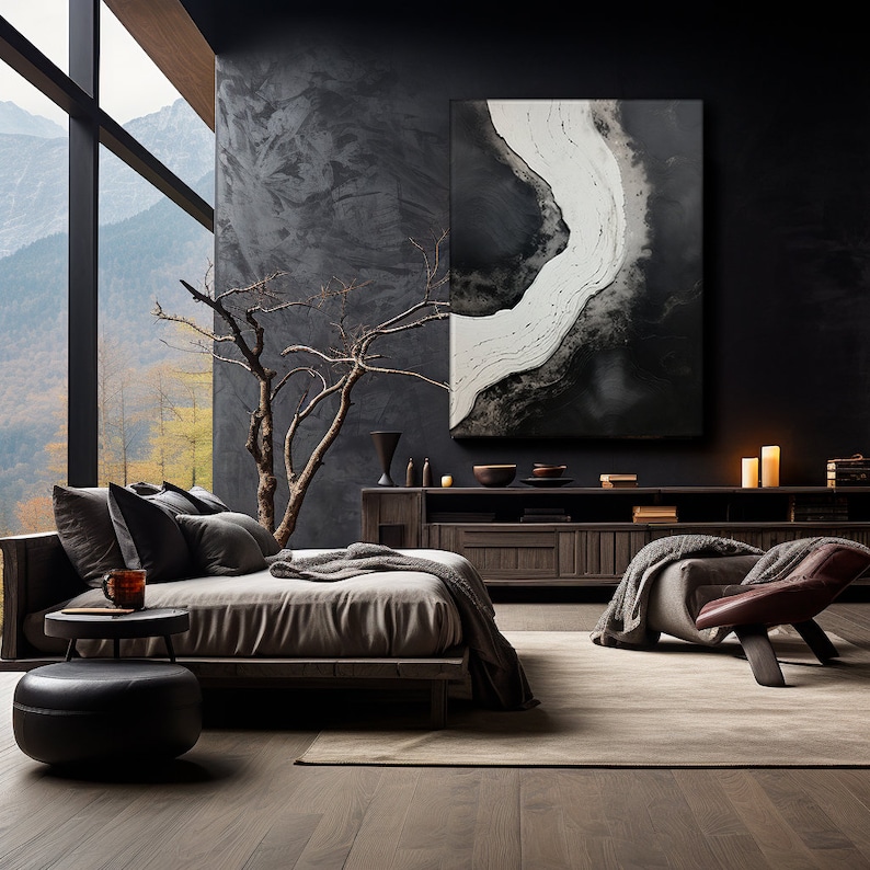 Large Black and White Abstract Art Black River Painting Abstract ...