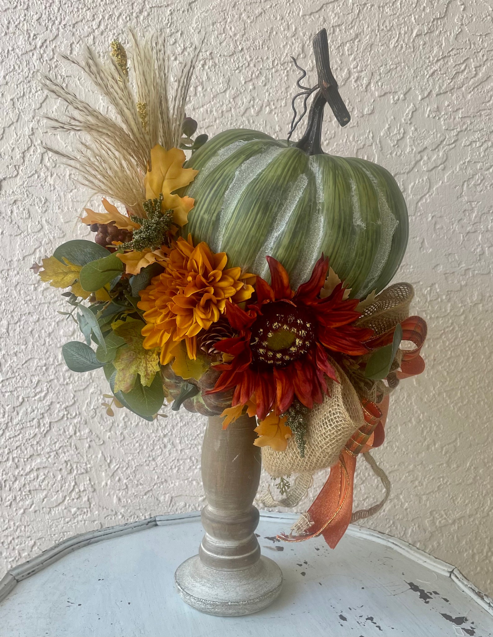 Green Pumpkin Arrangement, Fall Pumpkin Candlestick, Fall Floral ...