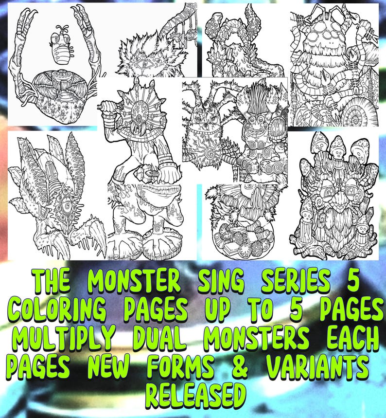 Monster Sing Series 5 Coloring Pages, Dual Monster Forms (digital ...
