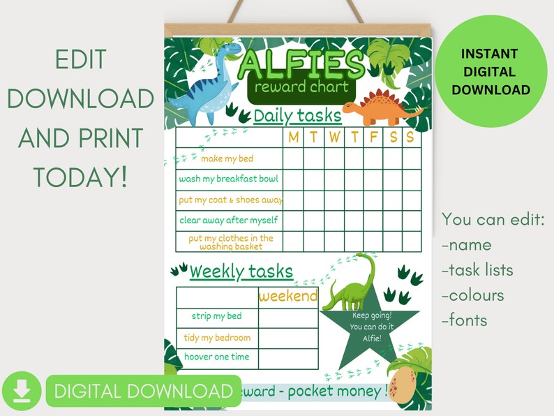 Editable Reward Chart, Dinosaur Reward Chart, Kids Chore Chart, List ...