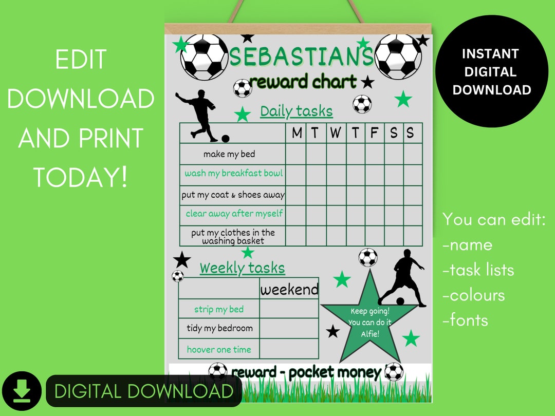 Editable Football Reward Chart, Kids Beaviour Chart, Football Chart ...