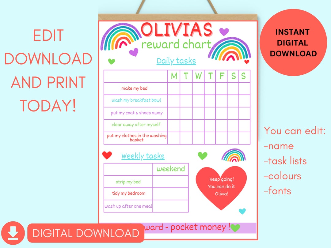 Printable Reward Chart, Editable Reward Chart, Rainbow Reward Chart ...