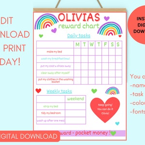 Printable Reward Chart, Editable Reward Chart, Rainbow Reward Chart ...