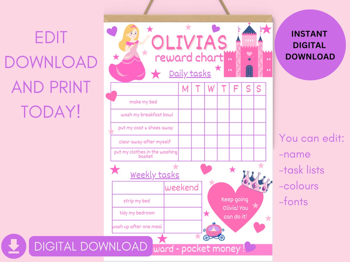 Editable Princess Reward Chart, Kids Chore Chart, Printable Rewards ...