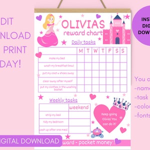 Editable Princess Reward Chart, Kids Chore Chart, Printable Rewards ...