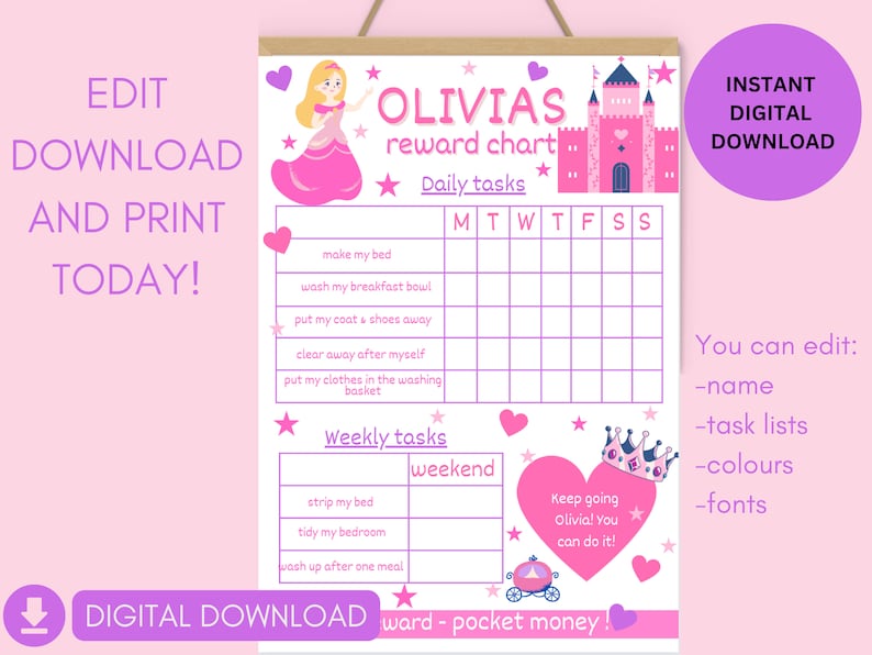 Editable Princess Reward Chart, Kids Chore Chart, Printable Rewards ...