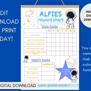 Editable Space Reward Chart, Kids Behaviour Chart, Printable Reward ...