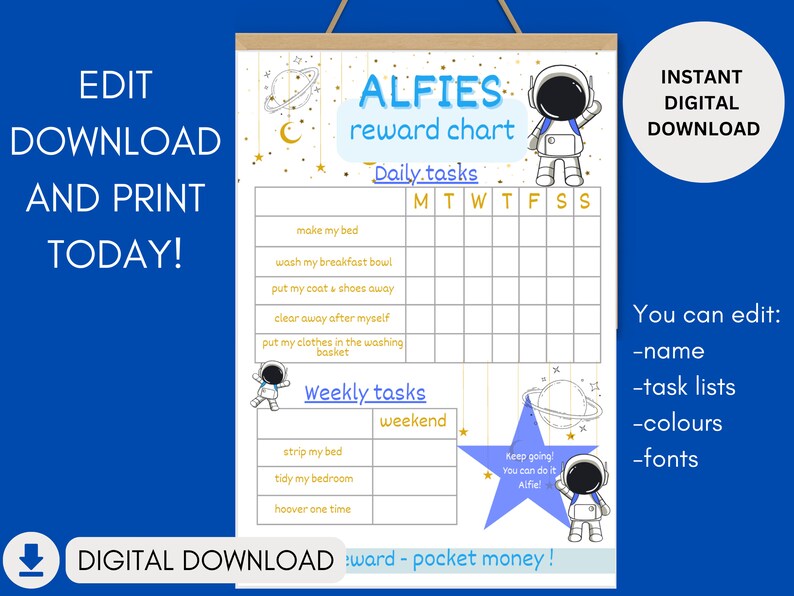 Editable Space Reward Chart, Kids Behaviour Chart, Printable Reward ...