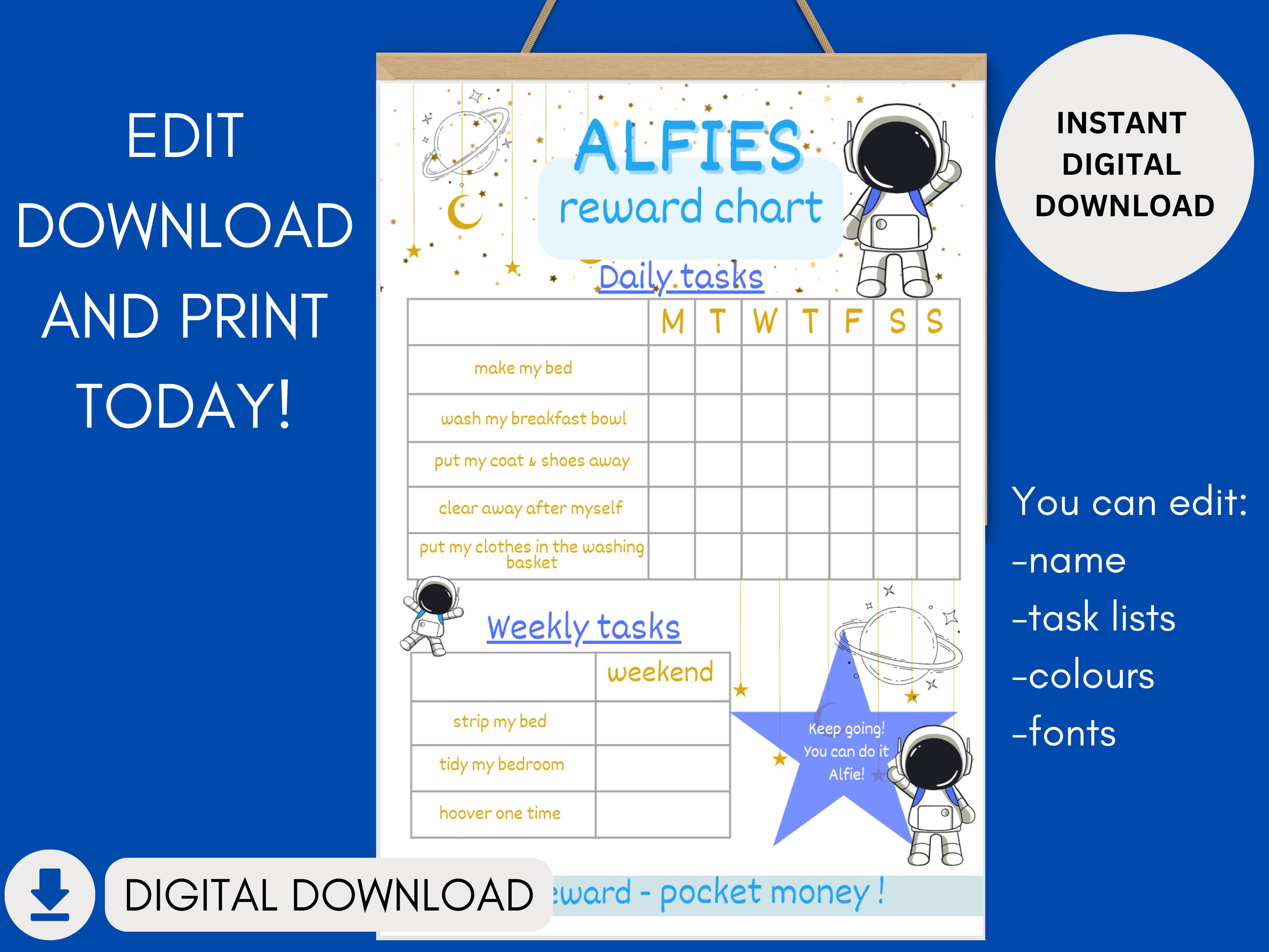 Editable Space Reward Chart, Kids Behaviour Chart, Printable Reward ...