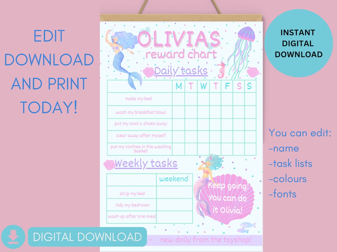 Editable Mermaid Reward Chart, Printable Reward Chart, Kids Chore Chart ...