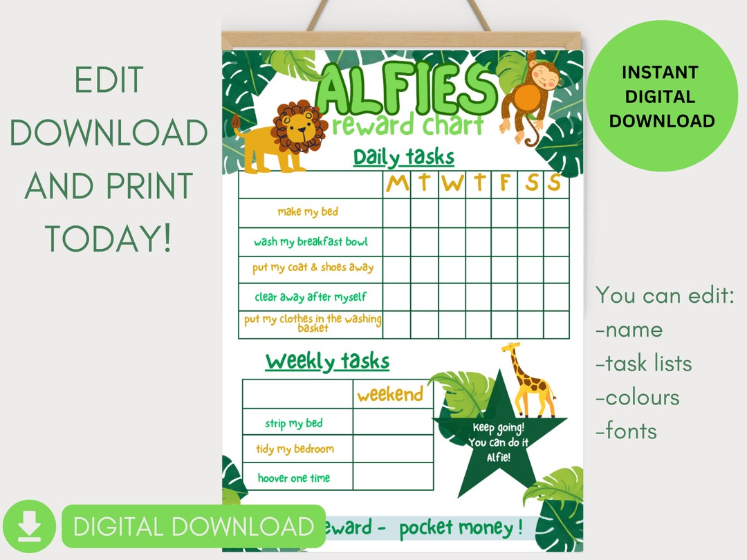 Editable Safari Reward Chart, Printable Rewards Chart, Kids Chore Chart ...