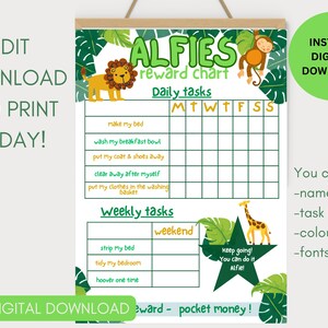 Editable Safari Reward Chart, Printable Rewards Chart, Kids Chore Chart ...