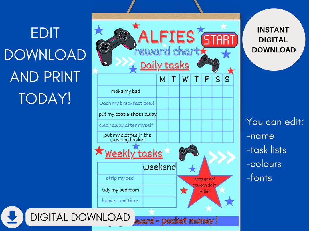Gaming Reward Chart Printable, Editable Rewards Chart, Kids Chore Chart ...