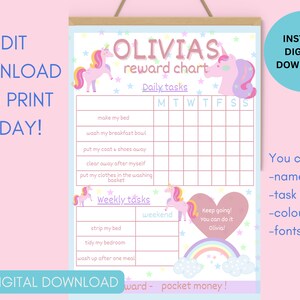 Editable Unicorn Reward Chart, Printable Reward Chart, Unicorn Chart ...