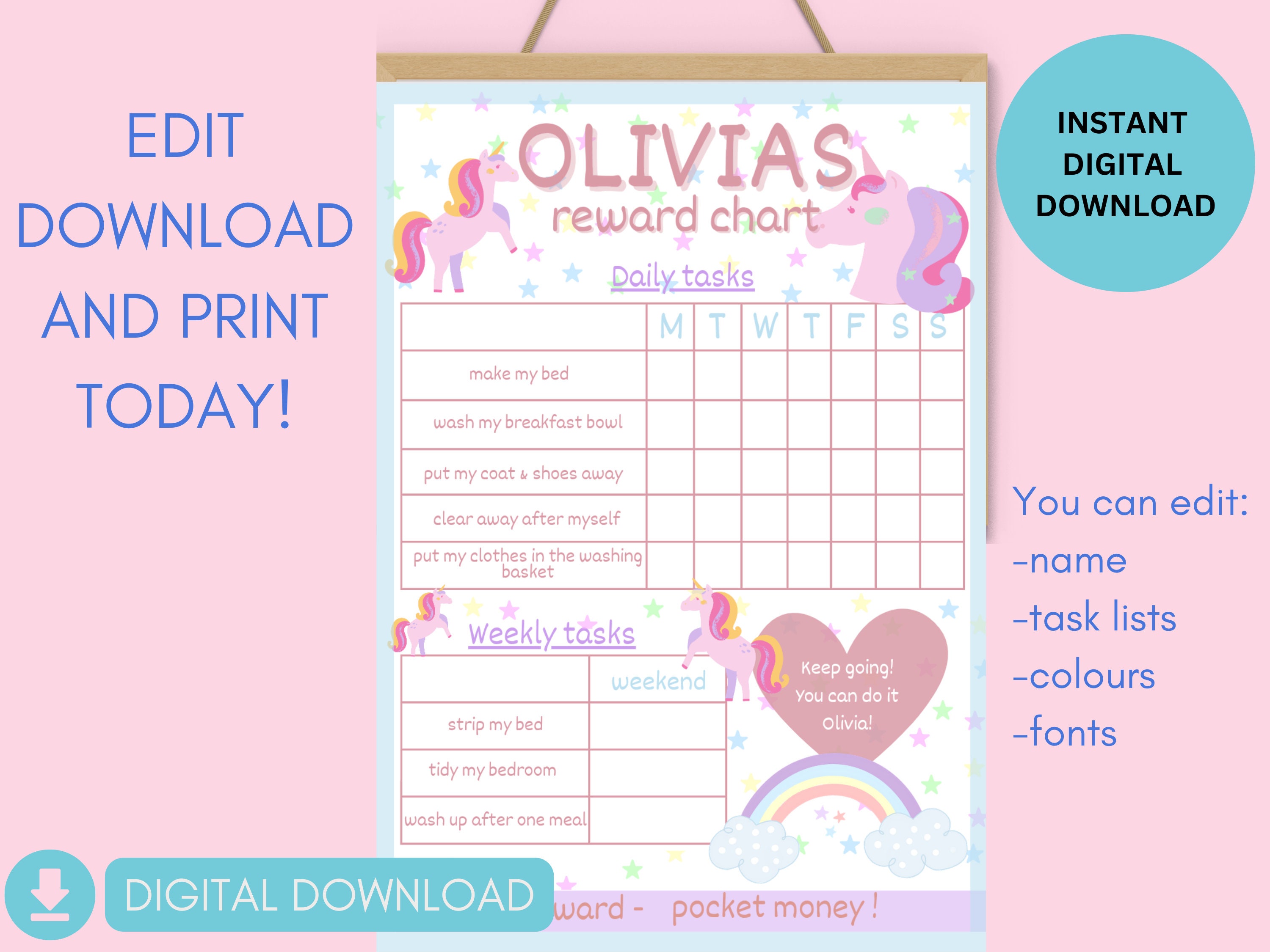 Editable Unicorn Reward Chart, Printable Reward Chart, Unicorn Chart ...