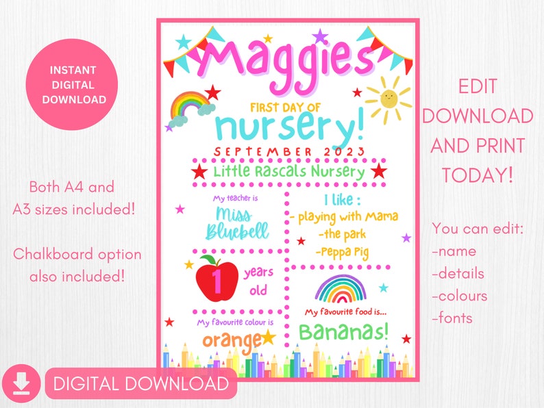 Editable First Day at Nursery, Printable 1st Day at Nursery, Printable First Day, Editable First ...