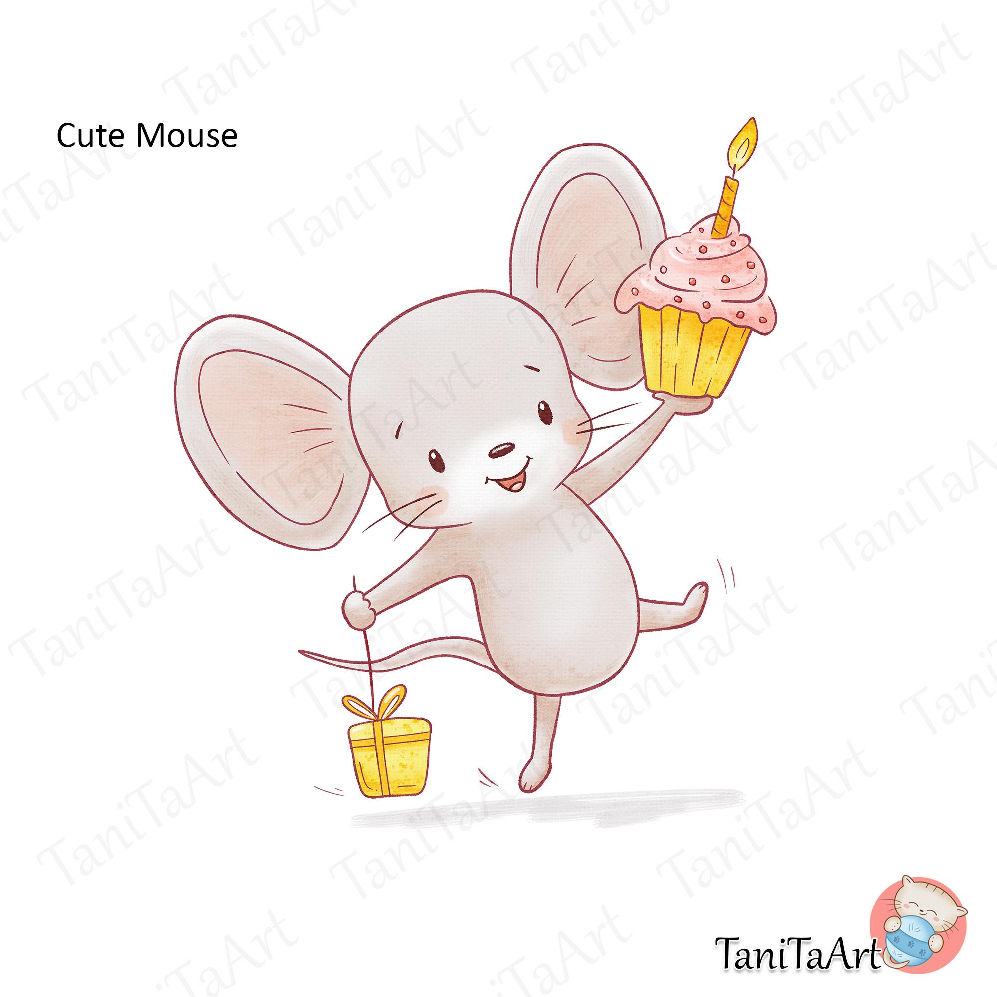 Happy Birthday Clipart, Kawaii Mouse Illustration, Birthday Cake, Party ...