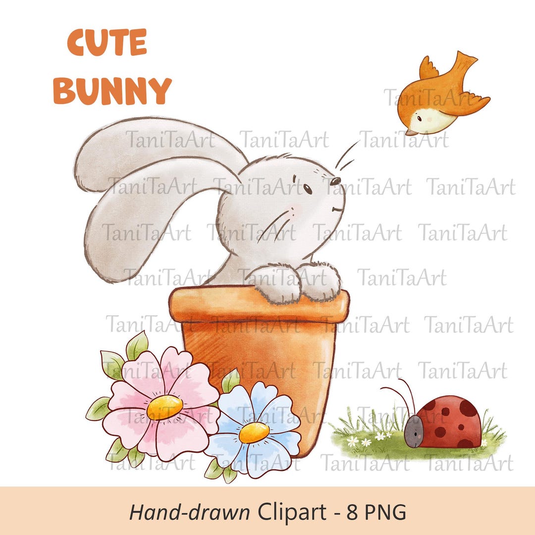 Cute Bunny Illustration, Spring Kawaii Clipart, Hand Drawn Cartoon Art ...