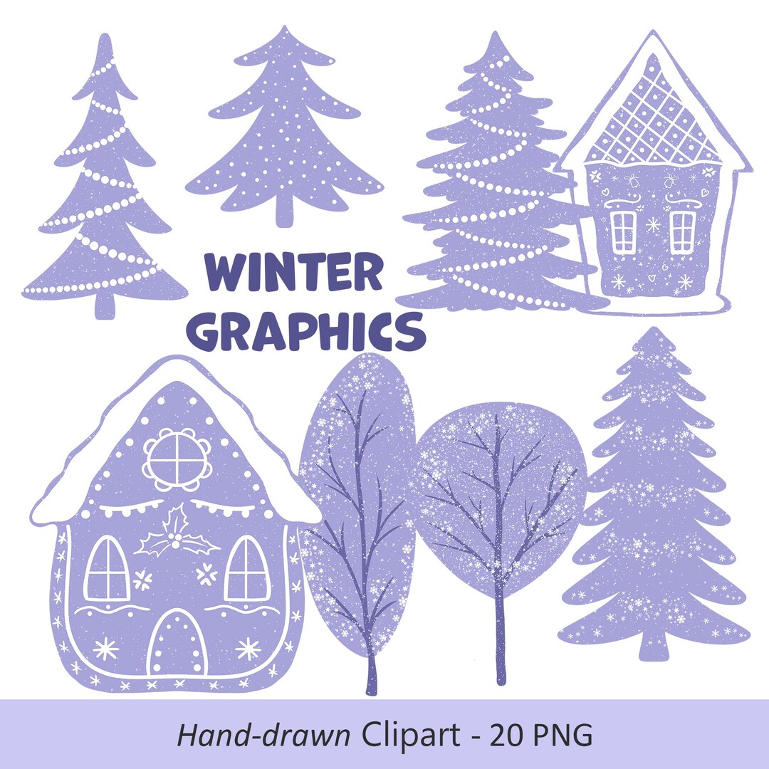 Snowy Winter Trees Clipart, Winter Houses Clip Art, Christmas Trees ...