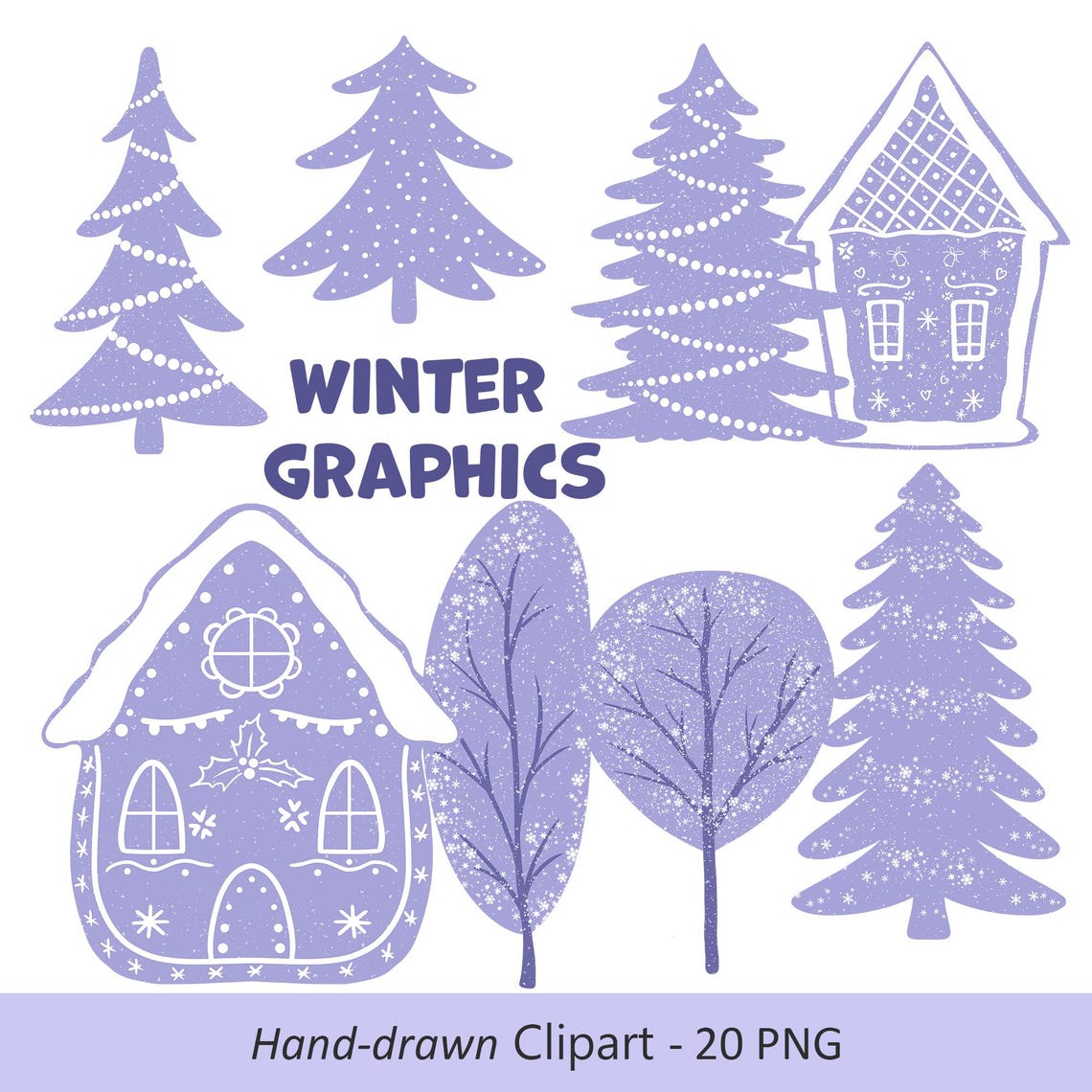Snowy Winter Trees Clipart, Winter Houses Clip Art, Christmas Trees ...