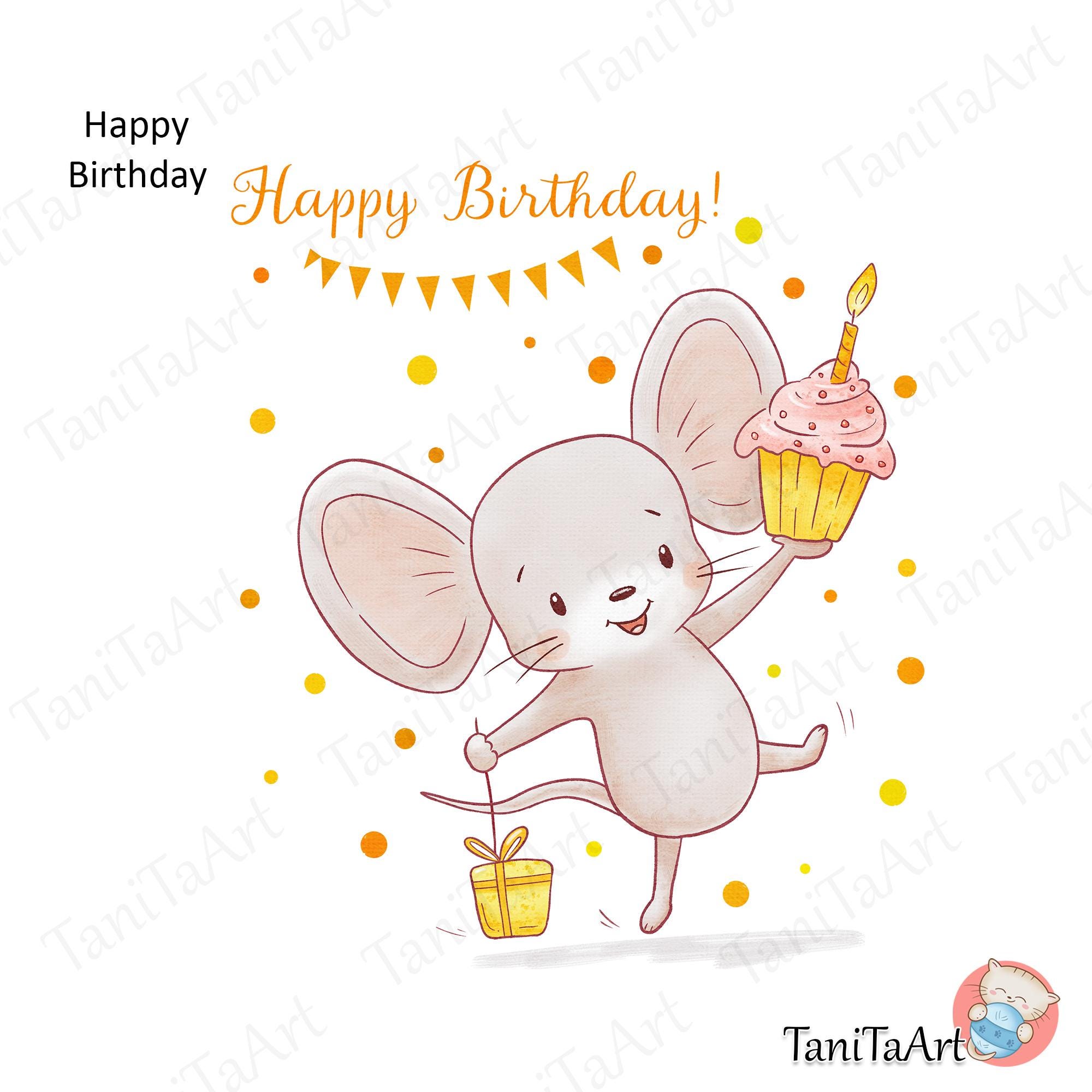 Happy Birthday Clipart, Kawaii Mouse Illustration, Birthday Cake, Party ...