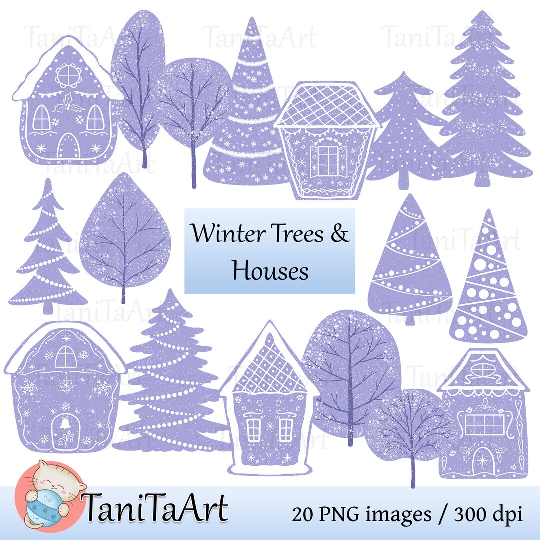 Snowy Winter Trees Clipart, Winter Houses Clip Art, Christmas Trees ...