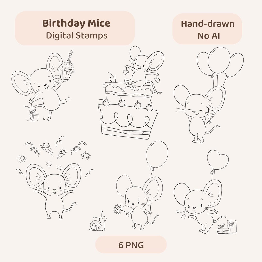 Kawaii Birthday Mice Clipart: Hand-drawn Pngs for DIY Cards (digital ...