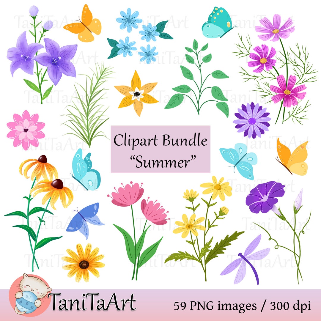 Hand Drawn Floral Clipart Bundle, Summer Graphics Clipart, Summer ...