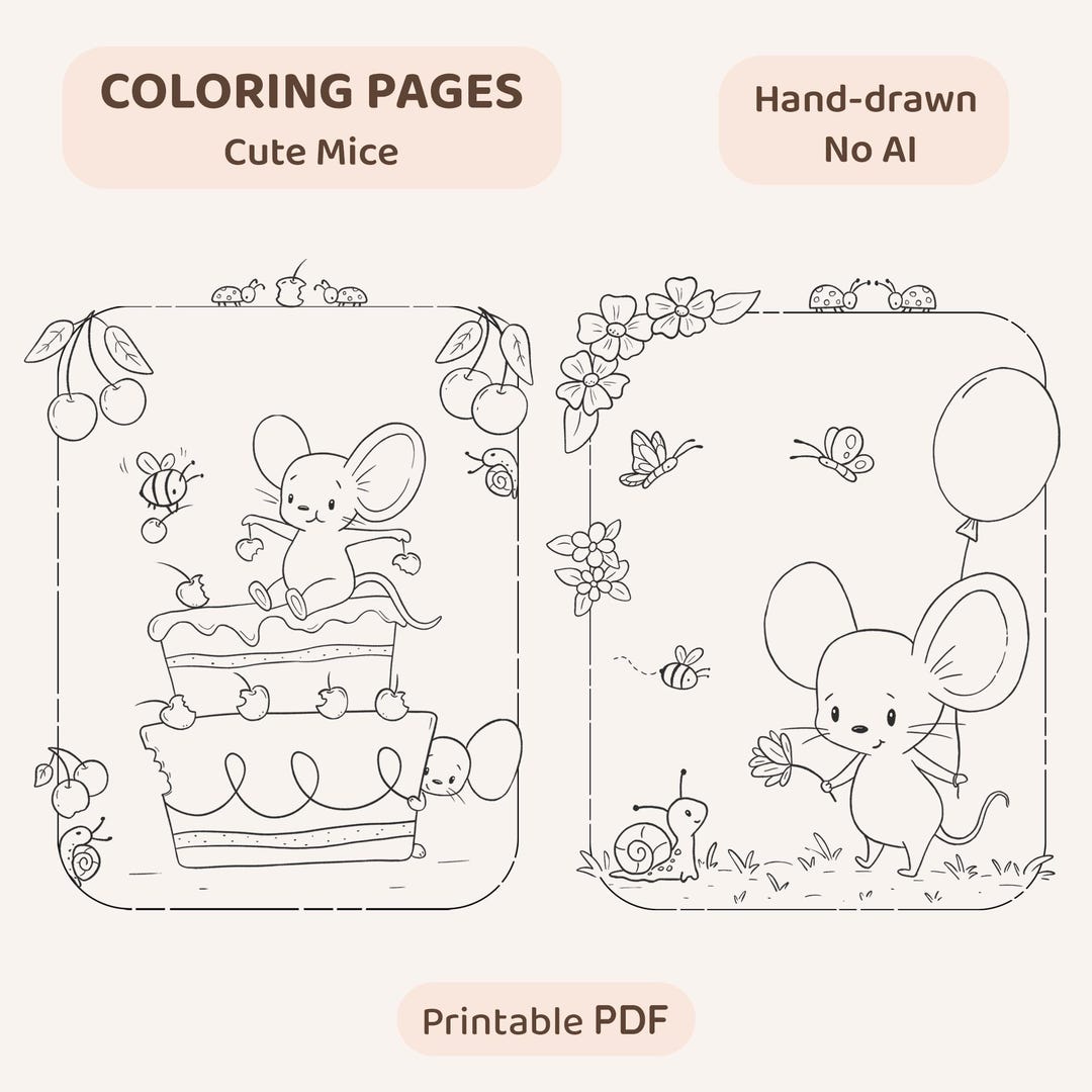 Cute Mice Coloring Pages – Birthday Party Printables PDF, Hand-drawn ...