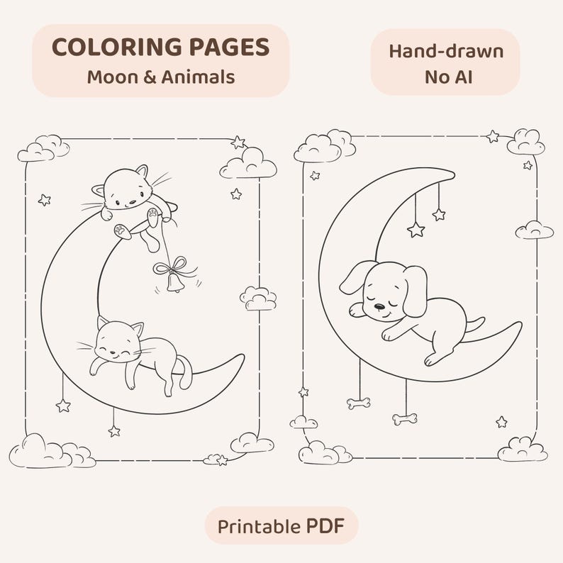 Sleeping Animals on the Moon Coloring Pages: Kawaii Art (PDF Download ...