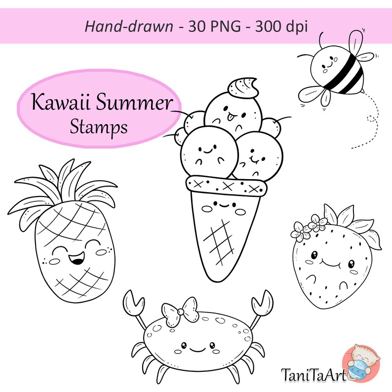 Hand Drawn Digital Stamps, Cute Summer Clipart, Kawaii Doodles Clip Art ...