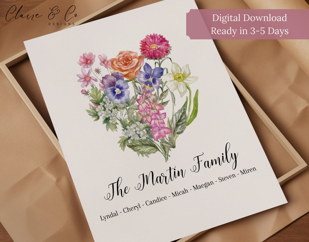 Birth Flower Family Bouquet Art Personalized Birth Month Flower Art ...