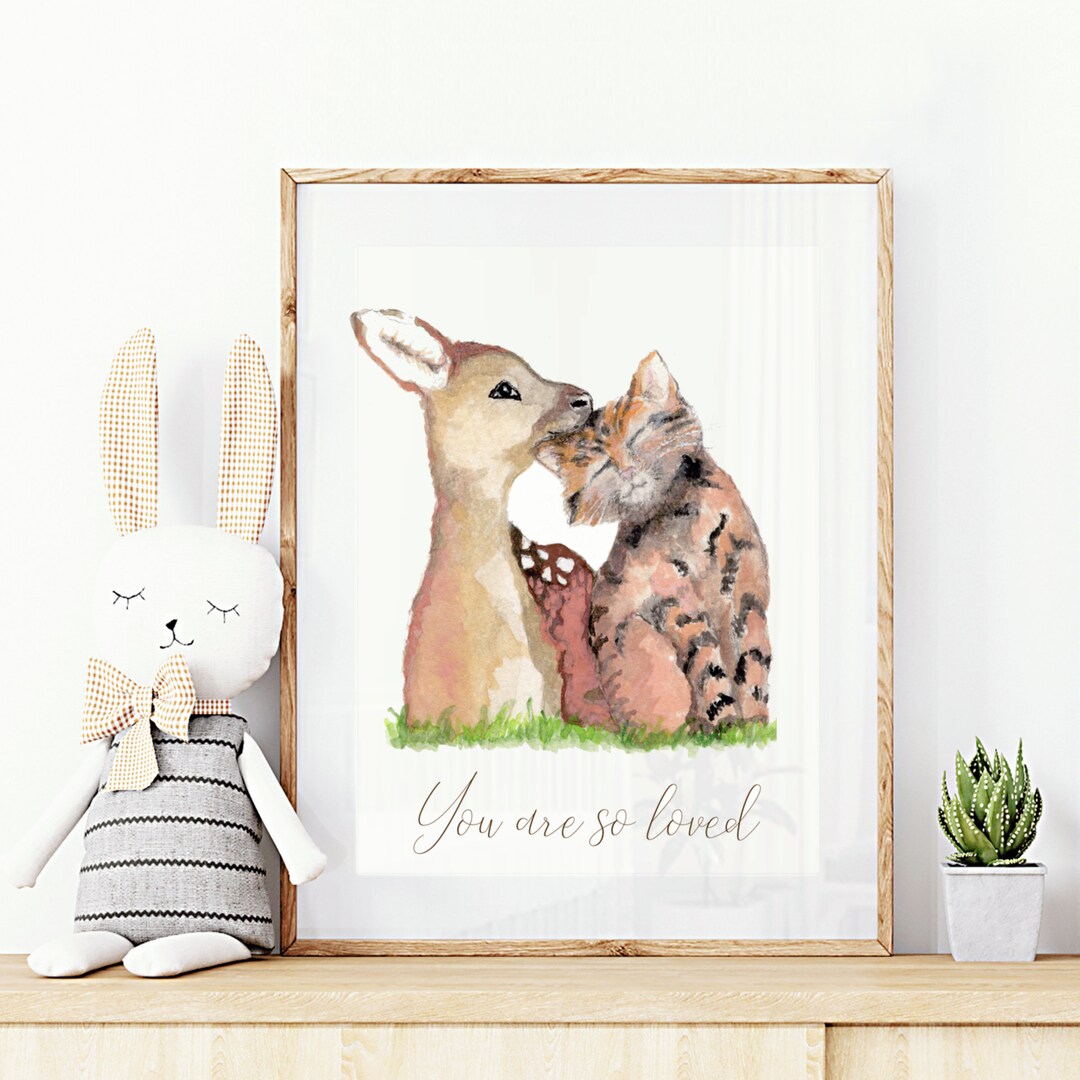 Nursery Art, Deer, Cat, Animal Art, Children's Room Decor, Print, Fawn ...