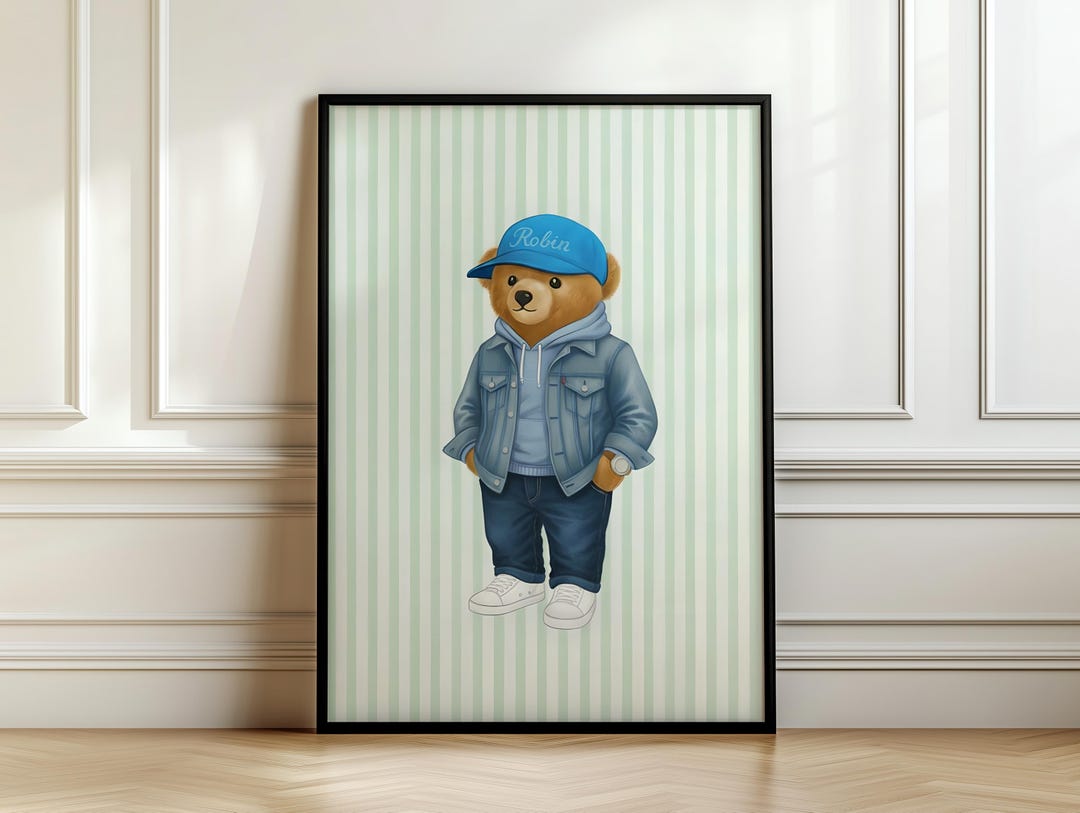 Preppy Bear Digital Print, Wall Art, Green Stripes, Home Decor, Dorm ...