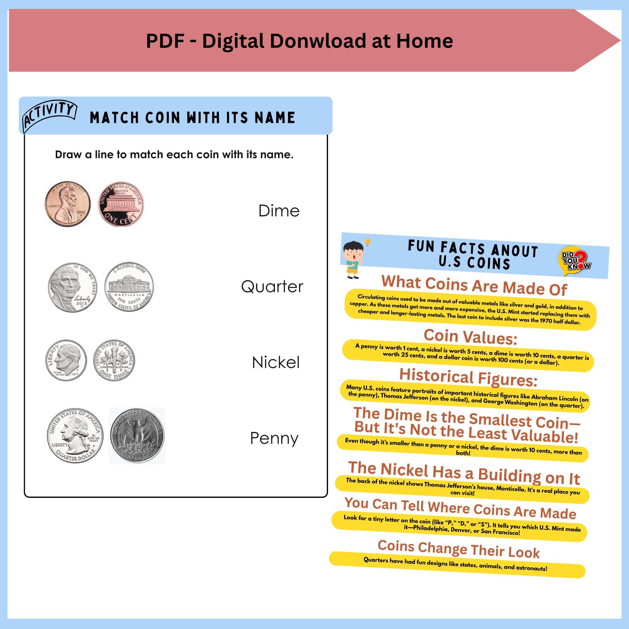 USA Money Worksheets for Kids, Tracing and Colouring Coins, Counting ...