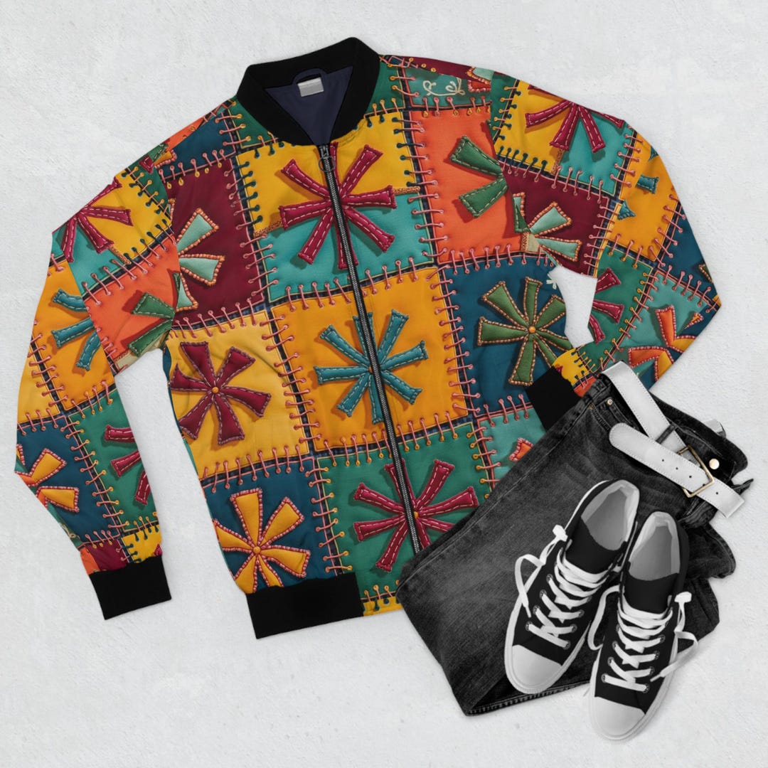 Bomber Jacket, Hand Embroidered Asterisk Patchwork Printed, Vintage ...