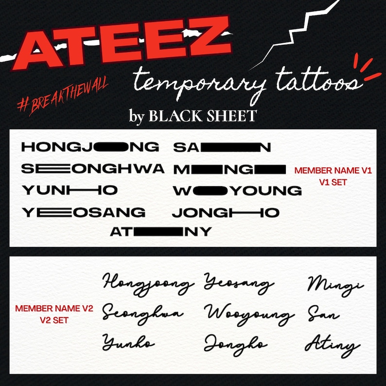 ATEEZ Member Names Temporary Tattoos Set, Kpop Inspired Stickers Decals ...