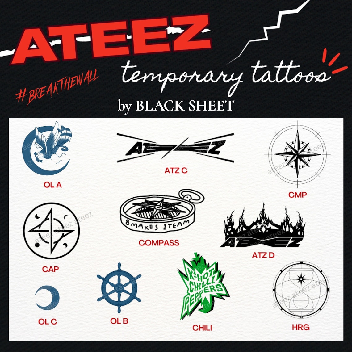ATEEZ Temporary Tattoos Set, ATZ Kpop Inspired Stickers Decals - Etsy