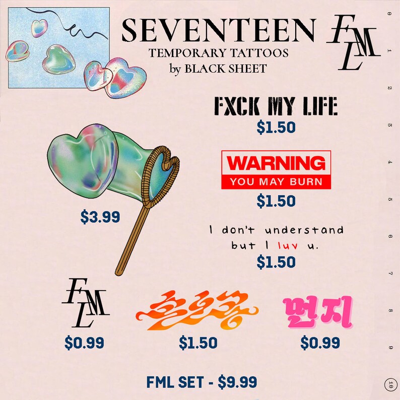 SEVENTEEN FML Temporary Tattoos Set SVT Kpop Stickers Decals - Etsy