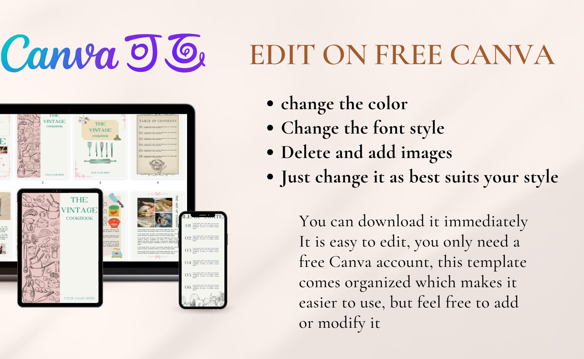 Vintage Cookbook Template, Editable Recipe Book Template, Canva Recipe ...