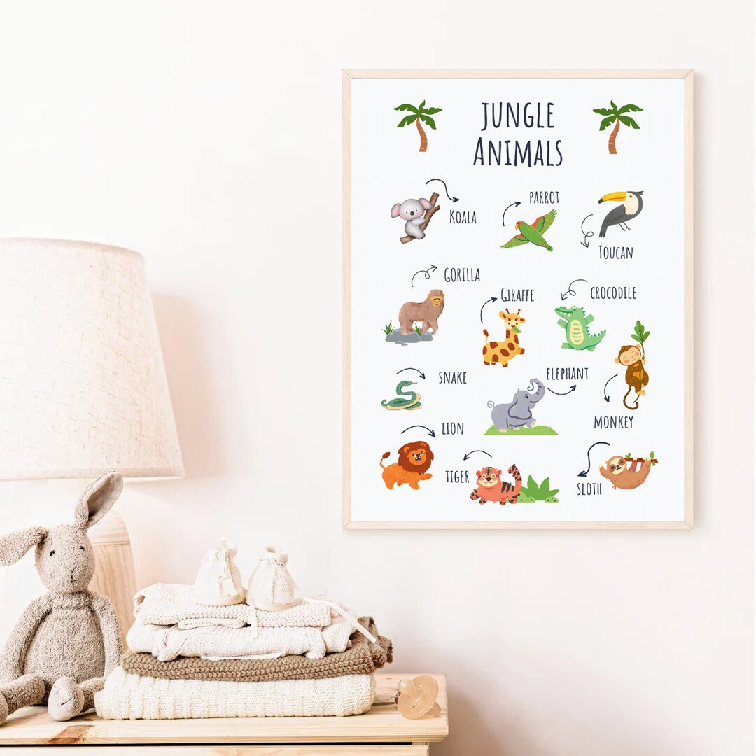 Jungle Animals Digital Art Print, Safari Nursery Art, Educational Art ...