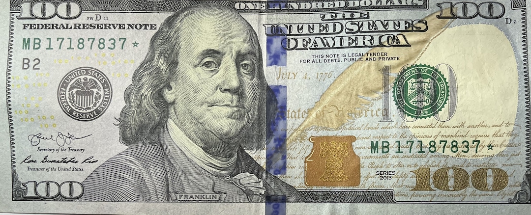 2013 MB B2 One Hundred Dollar Bill Federal Reserve Star Note MB17187837 ...