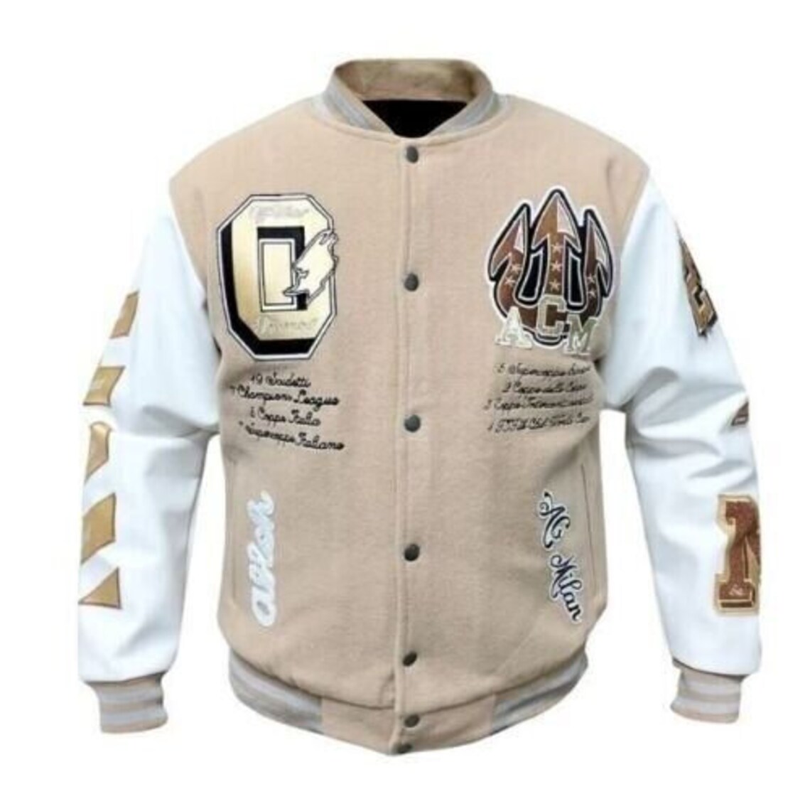 Men AC Milan off White Varsity Jacket Letterman Varsity Bomber Jacket ...