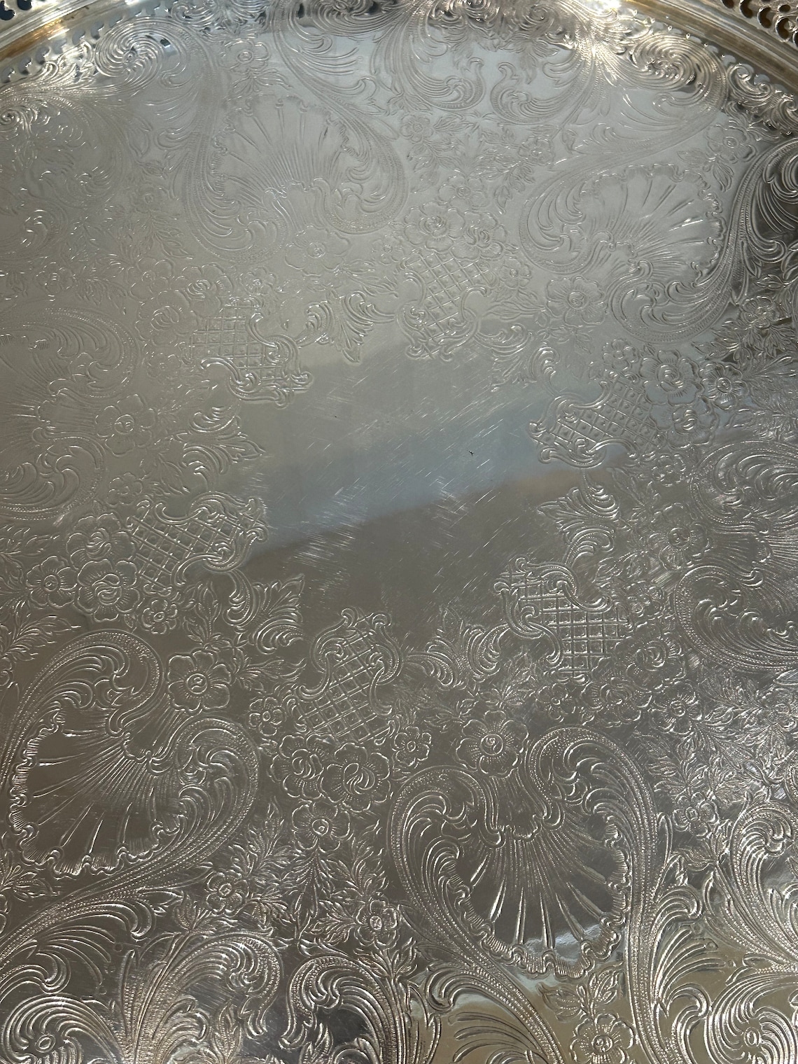 Vintage Silver Serving Tray Etched 15 Round Floral Pattern Braided Trim ...