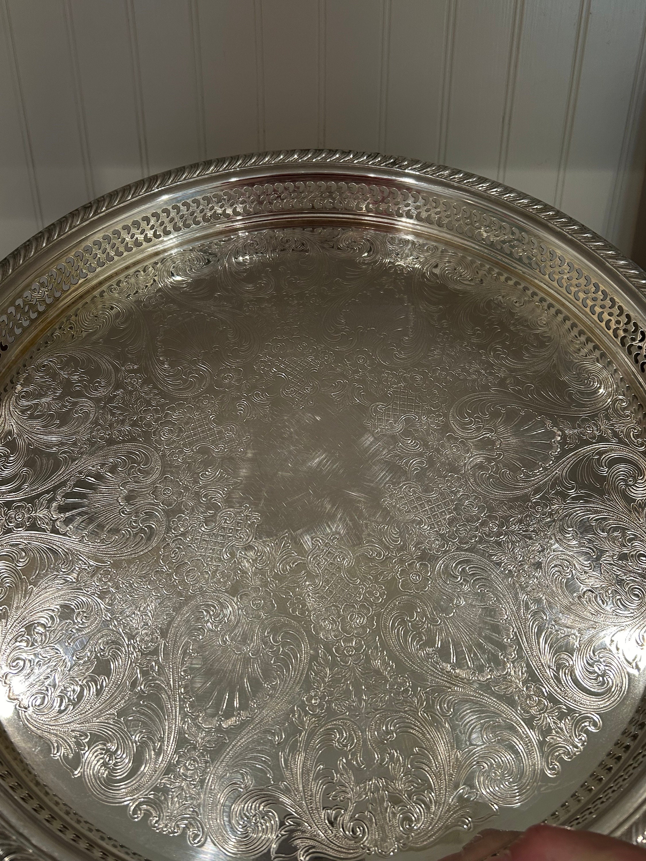 Vintage Silver Serving Tray Etched 15 Round Floral Pattern Braided Trim ...