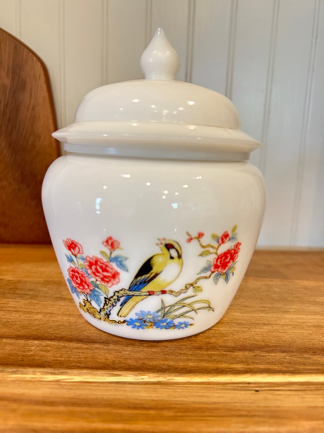 Vintage Avon White Milk Glass Sugar Bowl Ginger Jar Birds Flowers With ...