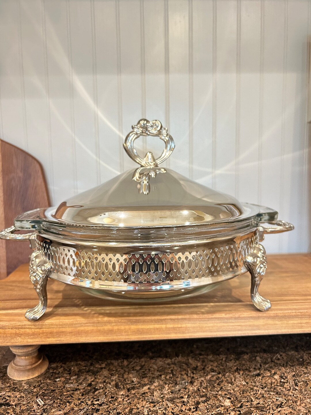 Vtg Anchor Hocking Ovenware Silver Plate Stand With Lid 2 Qt Glass ...