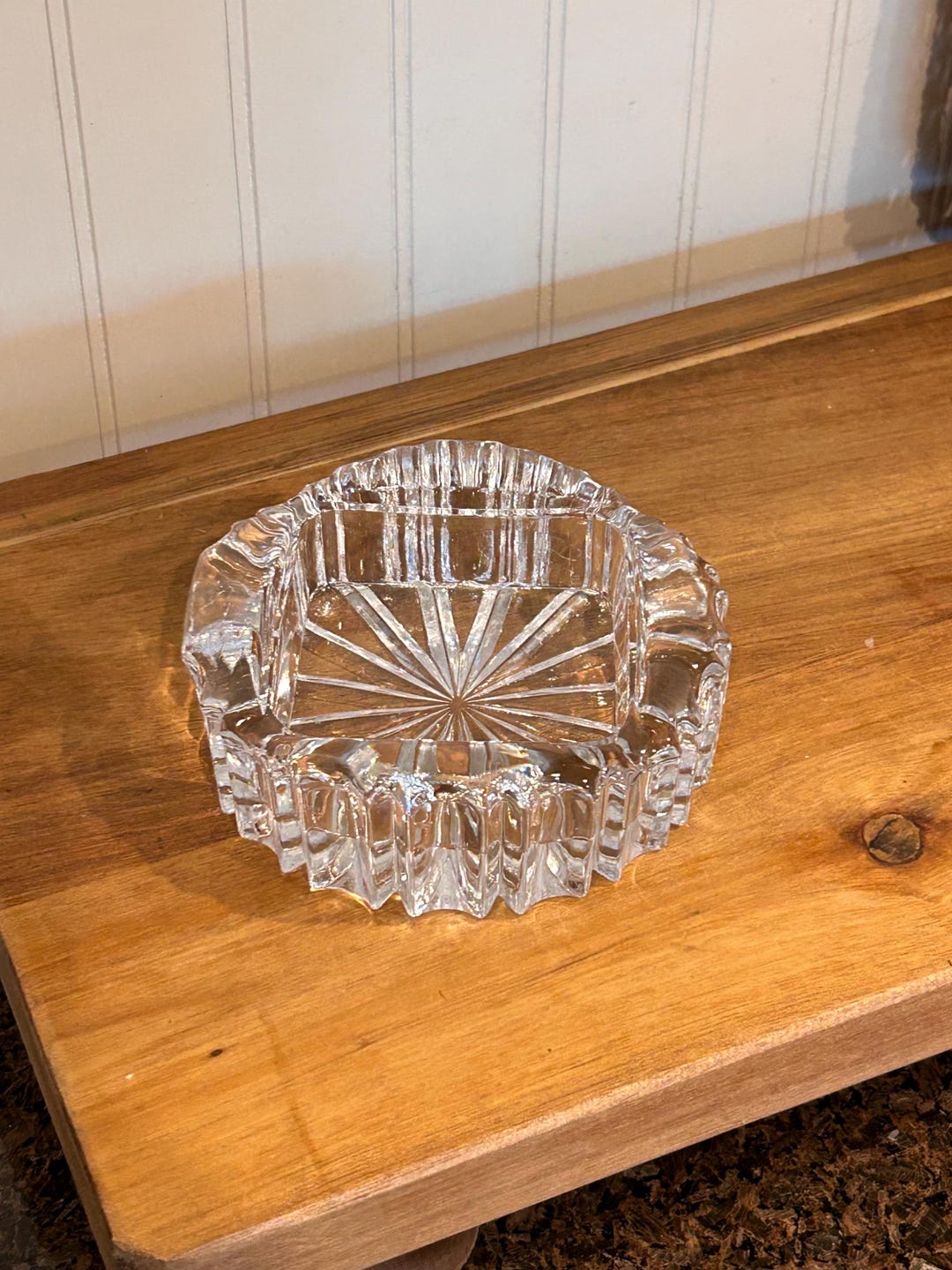 Vintage Heavy Pressed Glass Ashtray - Starburst Design & Faceted Edges ...