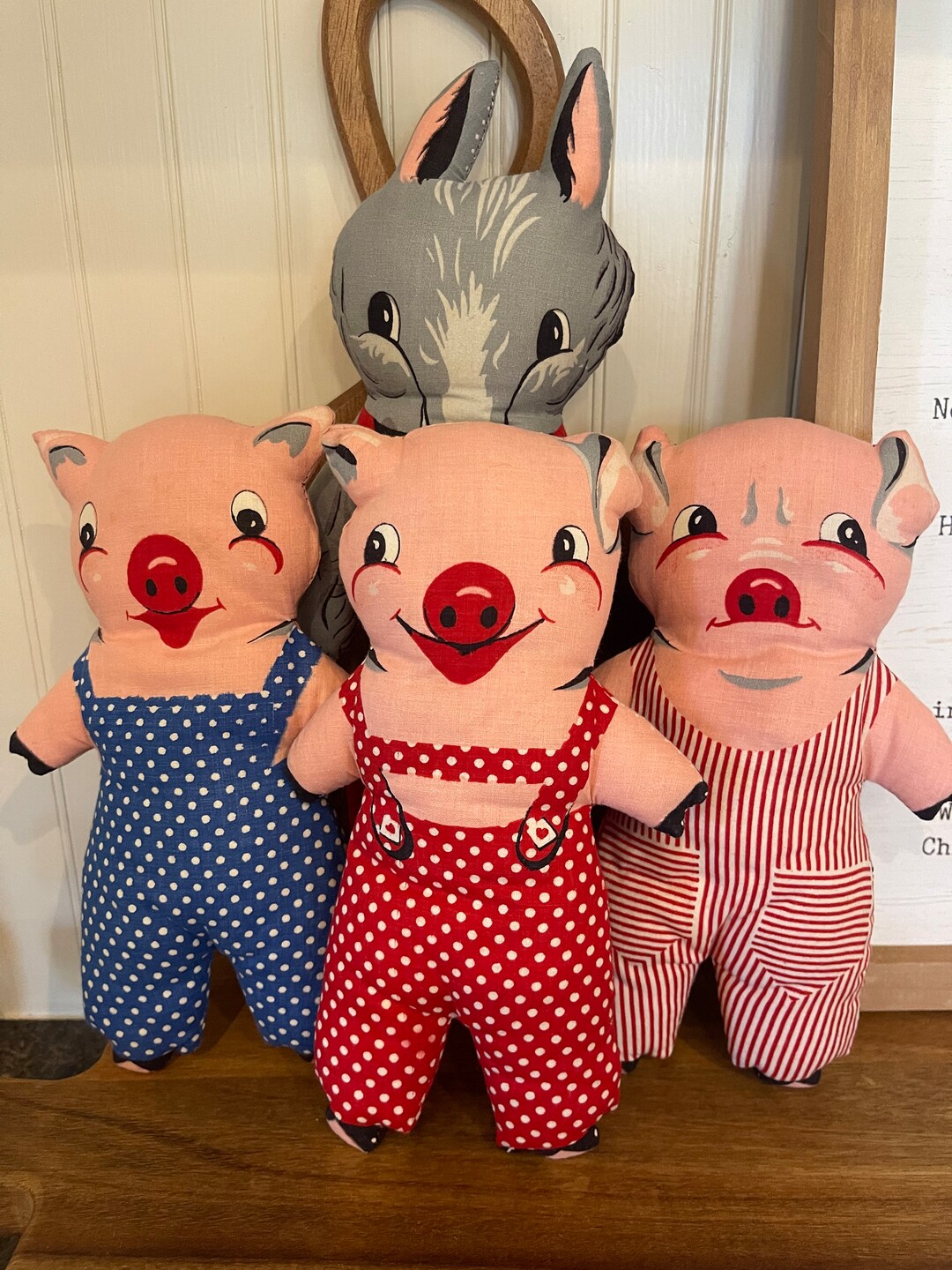 Vintage 1950's Three Little Pigs Wolf Plush Toy Cloth Doll Set Story ...